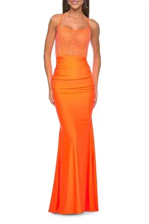 La Femme Embellished Bodice With Ruched Jersey Skirt Gown - Bright Orange