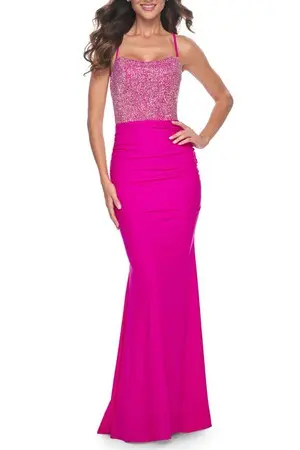 La Femme Embellished Bodice With Ruched Jersey Skirt Gown - Hot Fuchsia