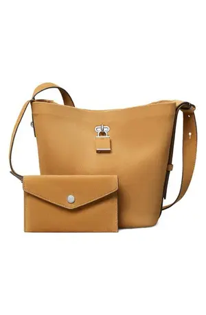 Tory Burch Lock Medium Slim Suede Bucket Bag - Toffee