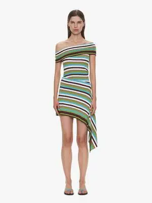 Christopher Esber Off-shoulder Stripe Knit Extension Drape Mini Dress - Vert Stripe