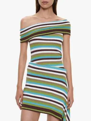 Christopher Esber Off-shoulder Stripe Knit Extension Drape Mini Dress