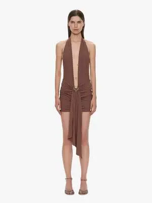 Christopher Esber Pierced Orbit Halter Drape Mini Dress - Husk Brown