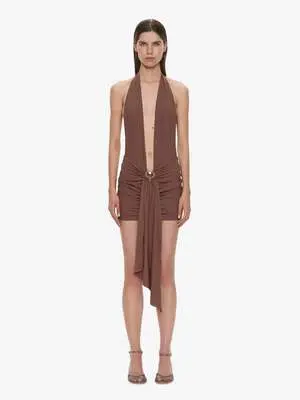Christopher Esber Pierced Orbit Halter Drape Mini Dress - Husk Brown