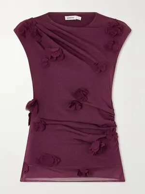 Simkhai Tessa Appliquéd Tulle Blouse - Burgundy