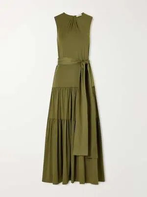 Altuzarra Liza Belted Tiered Gathered Jersey Maxi Dress - Dark Green