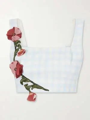 Agua Bendita Amanda Cropped Floral-appliqué Linen Top - Blue