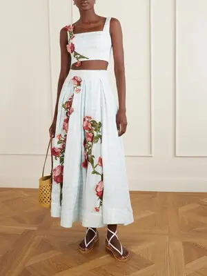 Agua Bendita Amanda Cropped Floral-appliqué Linen Top - Blue