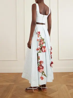 Agua Bendita Amanda Cropped Floral-appliqué Linen Top - Blue