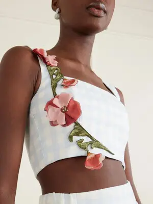 Agua Bendita Amanda Cropped Floral-appliqué Linen Top - Blue