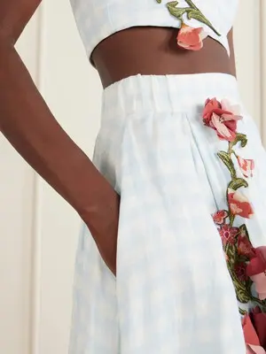 Agua Bendita Floral-appliqué Checked Linen Maxi Skirt - Blue