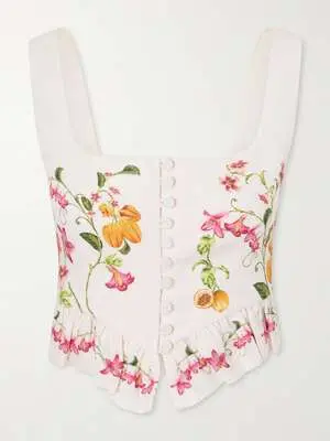Agua Bendita Cropped Ruffled Floral-print Linen Top - Cream