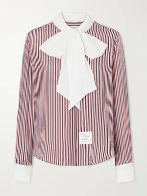 Thom Browne Thom Browne Striped Silk Crepe De Chine Shirt With Bow Detail Red