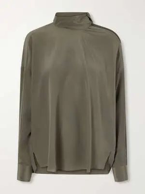 Brunello Cucinelli Bead-embellished Silk-satin Blouse - Gray Green