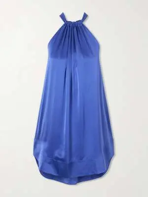 Aflalo Bexley Gathered Silk-satin Halterneck Mini Dress - Blue