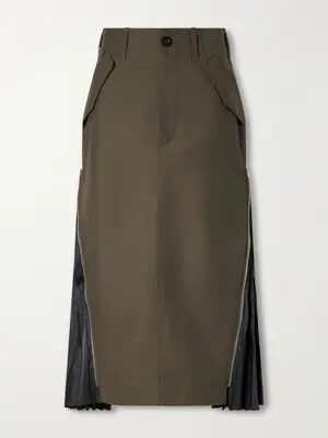 Sacai Weather Cotton-twill Midi Skirt With Pleated Insert