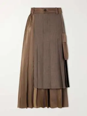 Sacai Pleated Twill And Shell Midi Skirt - Brown