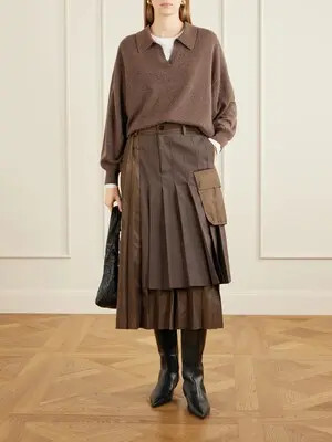 Sacai Pleated Twill And Shell Midi Skirt