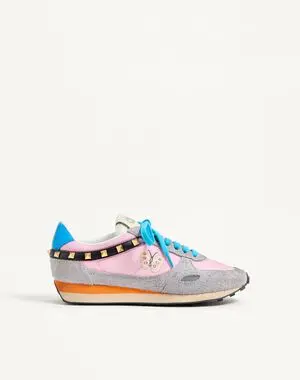 Valentino Garavani Stud Up Trainer In Split Leather And Nylon With Butterfly Embroidery - Pink/multicolour