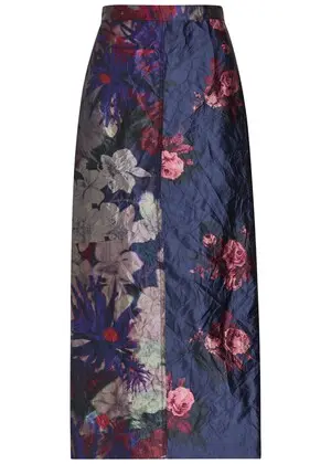 Erdem Floral-print Textured Satin Midi Skirt - Blue
