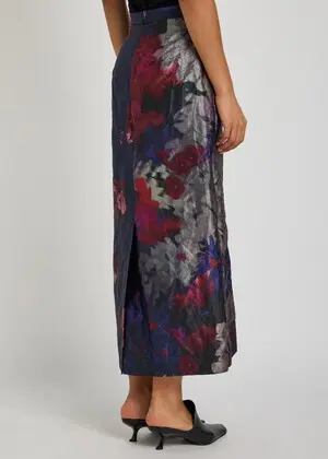 Erdem Floral Print Textured Satin Midi Skirt - Blue