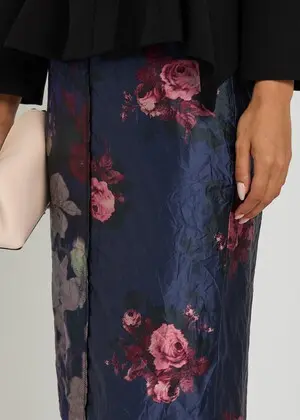 Erdem Floral Print Textured Satin Midi Skirt - Blue