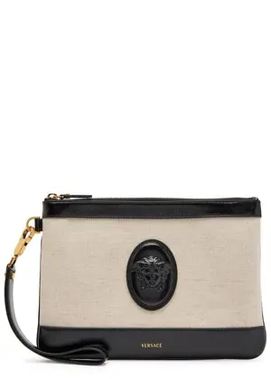 Versace Logo-appliquéd Leather And Canvas Pouch