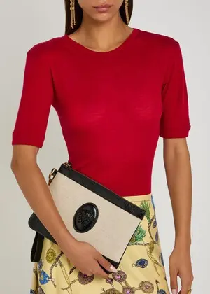 Versace Logo-appliquéd Leather And Canvas Pouch