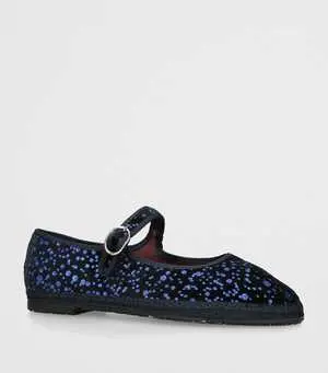 FLABELUS Velvet Seraphina Mary Jane Flats - Blue