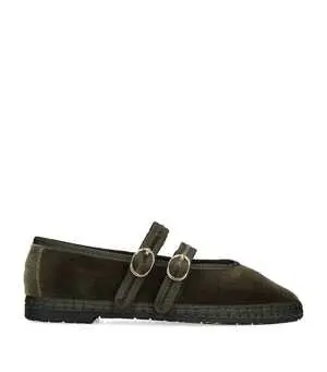 FLABELUS Velvet Claire Mary Jane Flats - Green