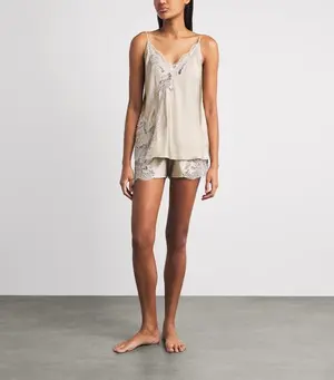 TORLOWEI Silk Elsa Shorts With Floral Lace Embellishment