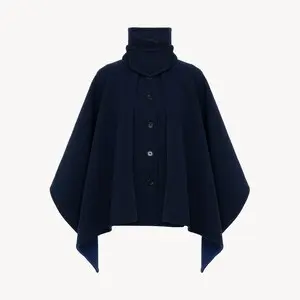 Chloé Navy Wool Blend Cape With Stand Collar - Evening Blue