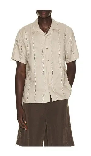 Vince Eyelet Stripe Linen Cabana Shirt In Brown - Pumice Rock