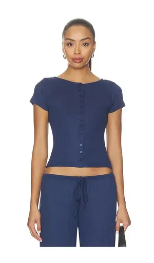 ALL THE WAYS Ribbed Knit Button-up Short Sleeve Top