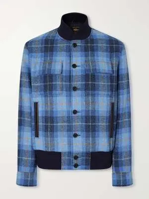 Golden Bear Leather-trimmed Wool Harris Tweed Bomber Jacket - Blue