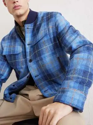 Golden Bear Leather-trimmed Wool Harris Tweed Bomber Jacket