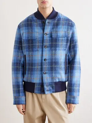 Golden Bear Leather-trimmed Wool Harris Tweed Bomber Jacket