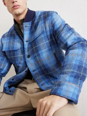 Golden Bear Leather-trimmed Wool Harris Tweed Bomber Jacket