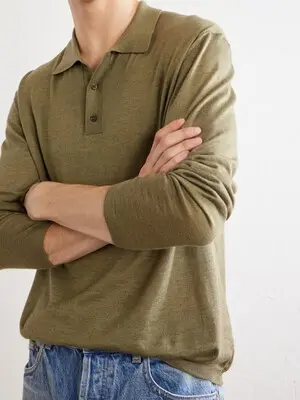 Saint Laurent Cashmere, Silk And Linen-blend Polo Shirt - Green