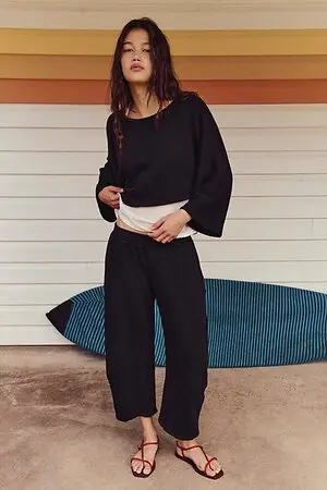 Free People Terry Cotton Wide Sleeve Cropped Top And Barrel Leg Pants Set - Black