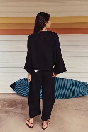Free People Terry Cotton Wide Sleeve Cropped Top And Barrel Leg Pants Set - Black