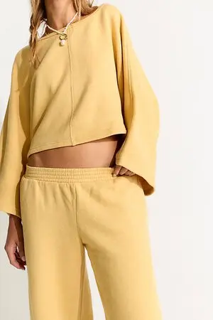 Free People Terry Cotton Wide Sleeve Cropped Top And Barrel Leg Pants Set - Solar Lemon