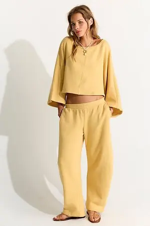 Free People Terry Cotton Wide Sleeve Cropped Top And Barrel Leg Pants Set - Solar Lemon