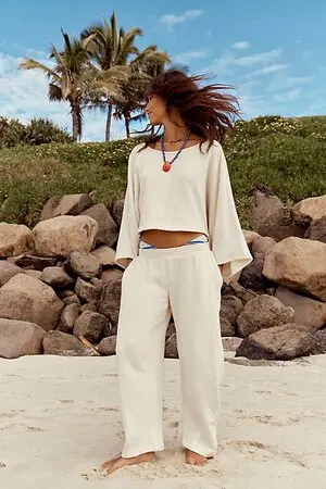 Free People Terry Cotton Wide Sleeve Cropped Top And Barrel Leg Pants Set Tofu