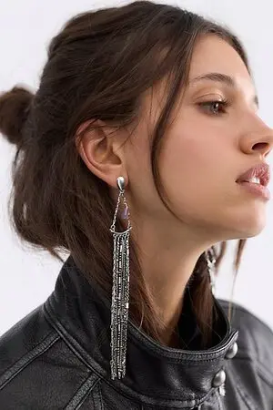 Free People Cassis Dangle Earrings With Stone Drops And Chain Fringe - Silver/amethyst