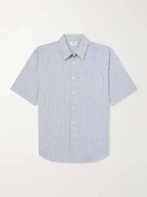 Saint Laurent Logo-embroidered Striped Cotton-poplin Shirt - Blue