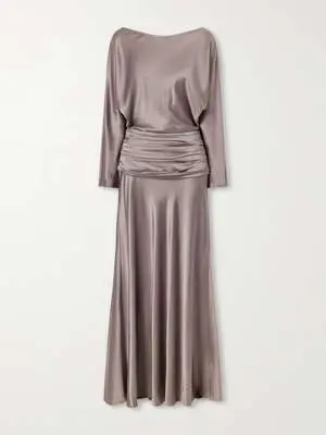 Staud Freda Gathered Silk-blend Satin Maxi Dress - Silver