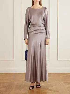 Staud Freda Gathered Silk-blend Satin Maxi Dress