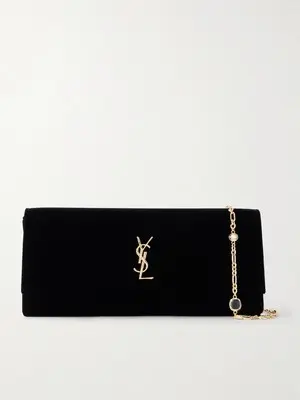 Saint Laurent Kate Velour Logo Chain Clutch - Black