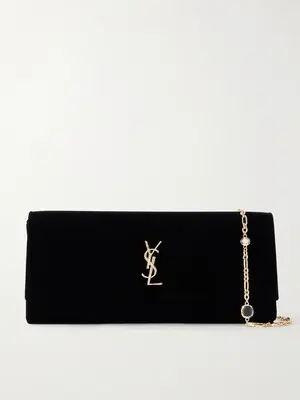 Saint Laurent Kate Velour Logo Chain Clutch - Black