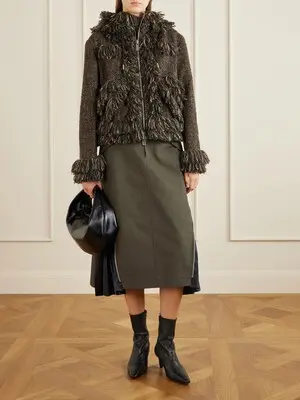 Sacai Wool-blend Tweed Zip-up Jacket With Frayed Edges